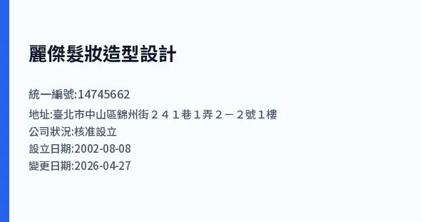 麗傑髮妝造型設計的照片-統編 14745662(臺北市) 公司登記資料與營業項目詳細圖表