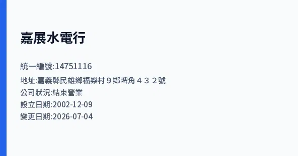 嘉展水電行的照片-統編 14751116(嘉義縣) 公司登記資料與營業項目詳細圖表