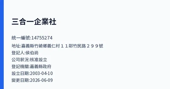 三合一企業社的照片-統編 14755274(嘉義縣) 公司登記資料與營業項目詳細圖表