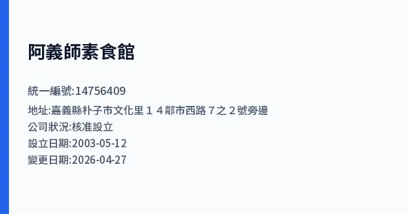 阿義師素食館的照片-統編 14756409(嘉義縣) 公司登記資料與營業項目詳細圖表