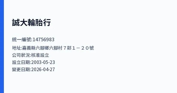 誠大輪胎行的照片-統編 14756983(嘉義縣) 公司登記資料與營業項目詳細圖表