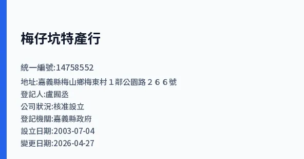梅仔坑特產行的照片-統編 14758552(嘉義縣) 公司登記資料與營業項目詳細圖表