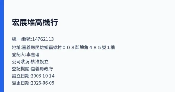 宏展堆高機行的照片-統編 14762113(嘉義縣) 公司登記資料與營業項目詳細圖表