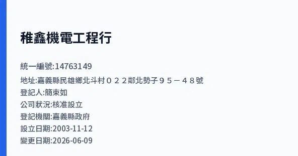 稚鑫機電工程行的照片-統編 14763149(嘉義縣) 公司登記資料與營業項目詳細圖表