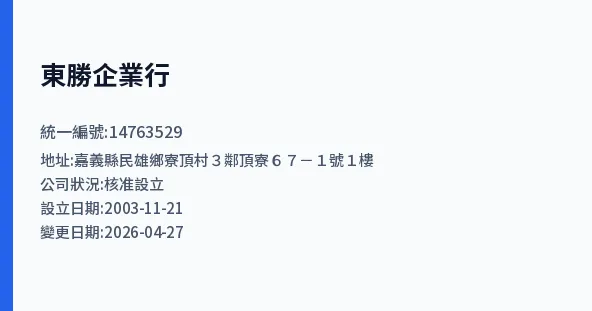 東勝企業行的照片-統編 14763529(嘉義縣) 公司登記資料與營業項目詳細圖表