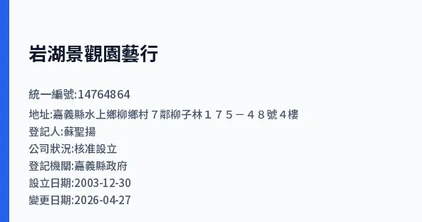 岩湖景觀園藝行的照片-統編 14764864(嘉義縣) 公司登記資料與營業項目詳細圖表
