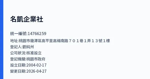 名凱企業社的照片-統編 14766259(桃園市) 公司登記資料與營業項目詳細圖表