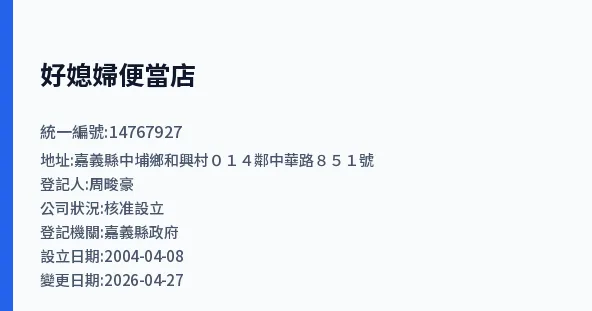 好媳婦便當店的照片-統編 14767927(嘉義縣) 公司登記資料與營業項目詳細圖表