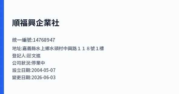 順福興企業社的照片-統編 14768947(嘉義縣) 公司登記資料與營業項目詳細圖表