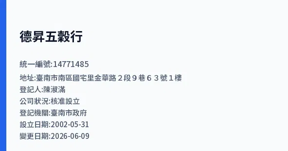 德昇五穀行的照片-統編 14771485(臺南市) 公司登記資料與營業項目詳細圖表