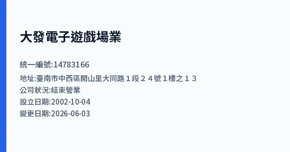 大發電子遊戲場業的照片-統編 14783166(臺南市) 公司登記資料與營業項目詳細圖表