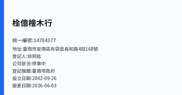 栓億檜木行的照片-統編 14784377(臺南市) 公司登記資料與營業項目詳細圖表