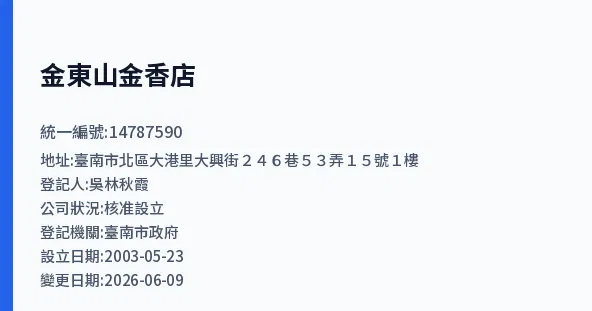 金東山金香店的照片-統編 14787590(臺南市) 公司登記資料與營業項目詳細圖表