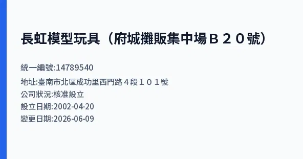 長虹模型玩具(府城攤販集中場B20號)的照片-統編 14789540(臺南市) 公司登記資料與營業項目詳細圖表