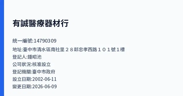 有誠醫療器材行的照片-統編 14790309(臺中市) 公司登記資料與營業項目詳細圖表