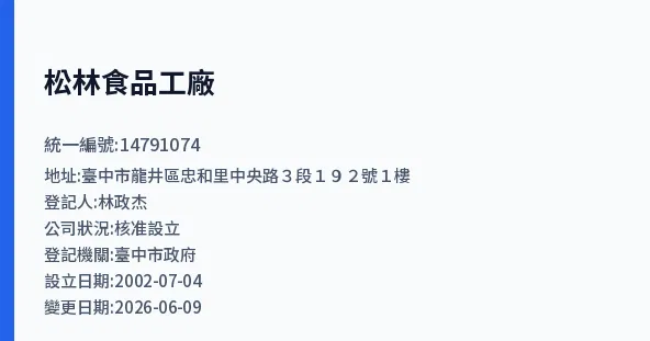 松林食品工廠的照片-統編 14791074(臺中市) 公司登記資料與營業項目詳細圖表