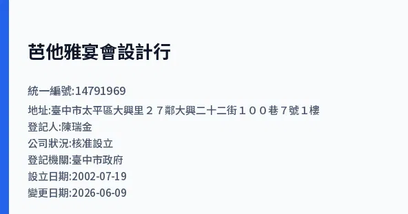芭他雅宴會設計行的照片-統編 14791969(臺中市) 公司登記資料與營業項目詳細圖表