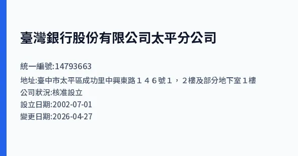 臺灣銀行股份有限公司太平分公司的照片-統編 14793663(臺中市) 公司登記資料與營業項目詳細圖表