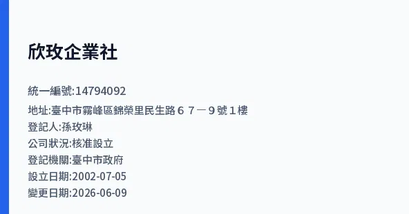 欣玫企業社的照片-統編 14794092(臺中市) 公司登記資料與營業項目詳細圖表