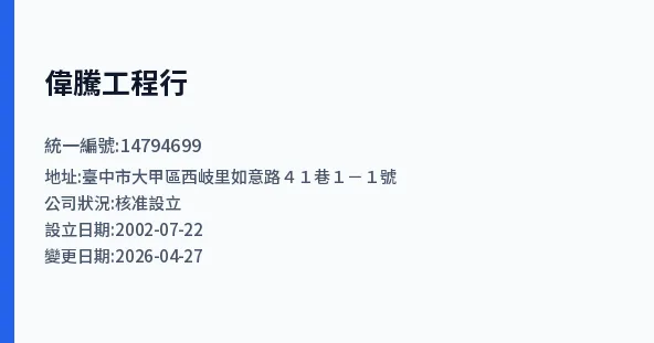 偉騰工程行的照片-統編 14794699(臺中市) 公司登記資料與營業項目詳細圖表