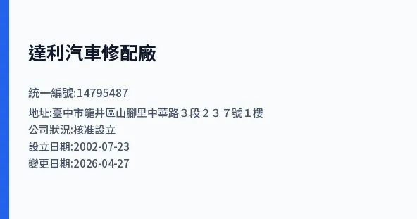 達利汽車修配廠的照片-統編 14795487(臺中市) 公司登記資料與營業項目詳細圖表