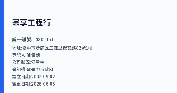 宗享工程行的照片-統編 14801170(臺中市) 公司登記資料與營業項目詳細圖表