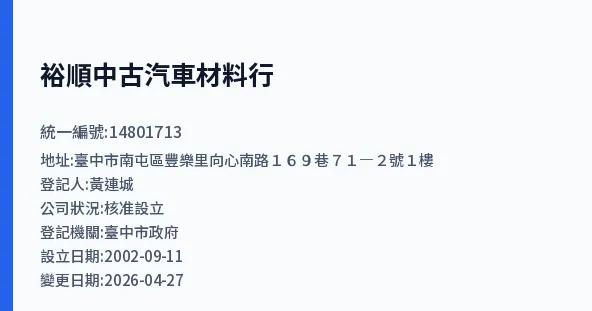 裕順中古汽車材料行的照片-統編 14801713(臺中市) 公司登記資料與營業項目詳細圖表