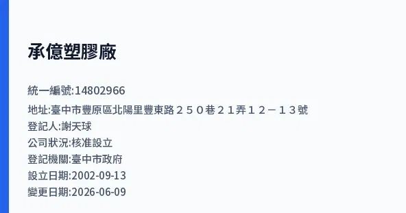承億塑膠廠的照片-統編 14802966(臺中市) 公司登記資料與營業項目詳細圖表