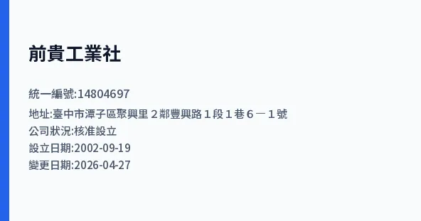 前貴工業社的照片-統編 14804697(臺中市) 公司登記資料與營業項目詳細圖表