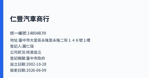 仁豐汽車商行的照片-統編 14804839(臺中市) 公司登記資料與營業項目詳細圖表