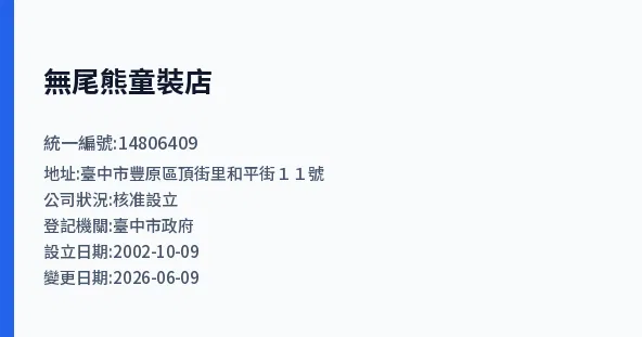無尾熊童裝店的照片-統編 14806409(臺中市) 公司登記資料與營業項目詳細圖表
