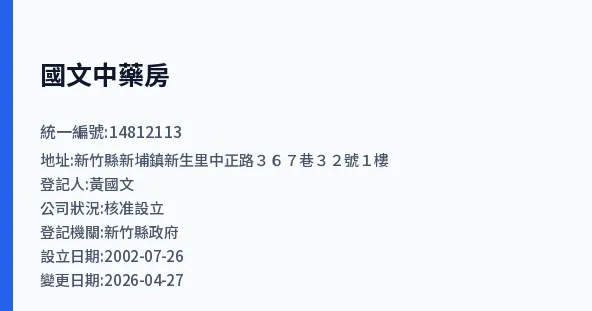 國文中藥房的照片-統編 14812113(新竹縣) 公司登記資料與營業項目詳細圖表