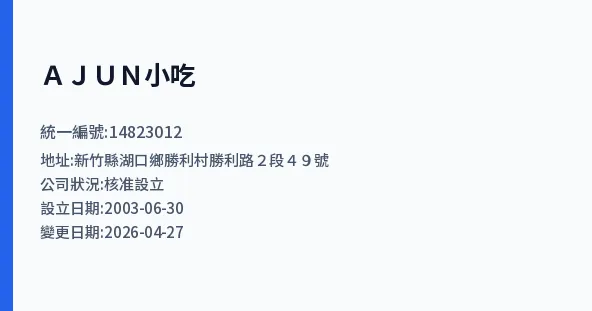 AJUN小吃的照片-統編 14823012(新竹縣) 公司登記資料與營業項目詳細圖表