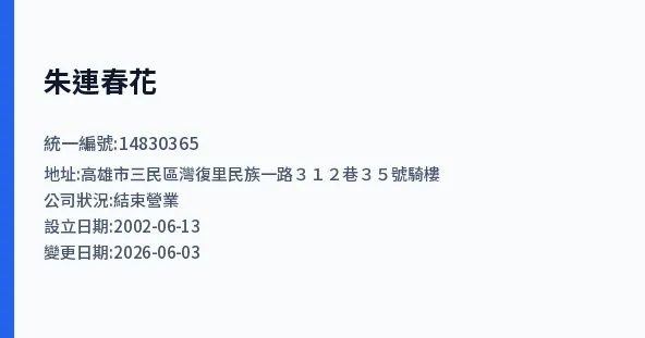 朱連春花的照片-統編 14830365(高雄市) 公司登記資料與營業項目詳細圖表