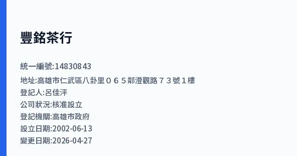 豐銘茶行的照片-統編 14830843(高雄市) 公司登記資料與營業項目詳細圖表