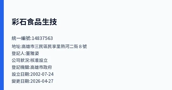 彩石食品生技的照片-統編 14837563(高雄市) 公司登記資料與營業項目詳細圖表