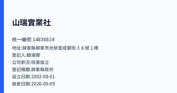 山瑞實業社的照片-統編 14838824(屏東縣) 公司登記資料與營業項目詳細圖表