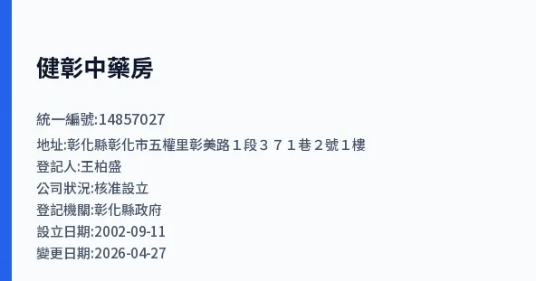 健彰中藥房的照片-統編 14857027(彰化縣) 公司登記資料與營業項目詳細圖表