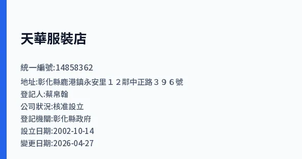 天華服裝店的照片-統編 14858362(彰化縣) 公司登記資料與營業項目詳細圖表