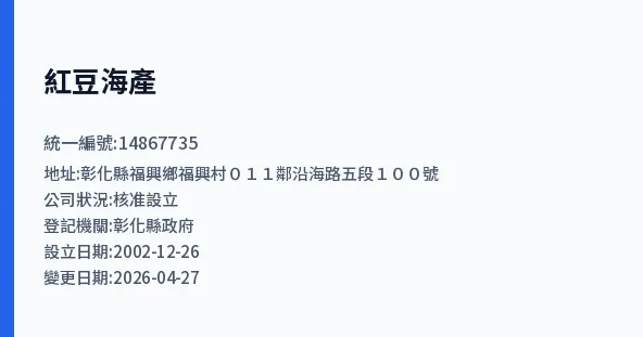 紅豆海產的照片-統編 14867735(彰化縣) 公司登記資料與營業項目詳細圖表