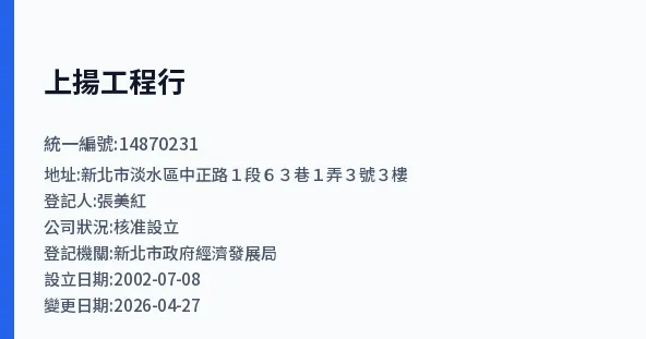 上揚工程行的照片-統編 14870231(新北市) 公司登記資料與營業項目詳細圖表