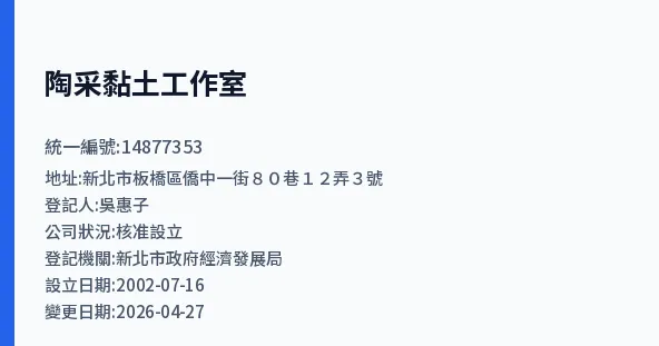 陶采黏土工作室的照片-統編 14877353(新北市) 公司登記資料與營業項目詳細圖表