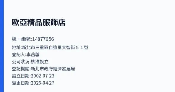 歐亞精品服飾店的照片-統編 14877656(新北市) 公司登記資料與營業項目詳細圖表