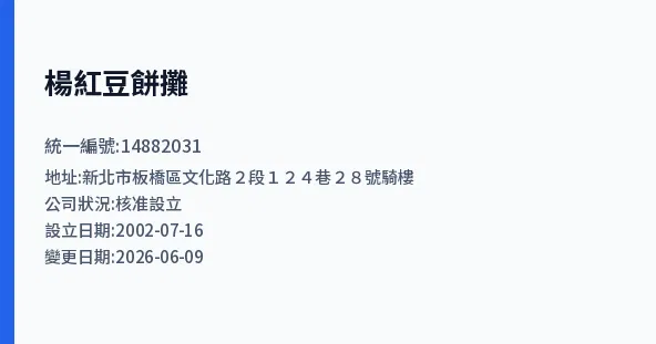 楊紅豆餅攤的照片-統編 14882031(新北市) 公司登記資料與營業項目詳細圖表