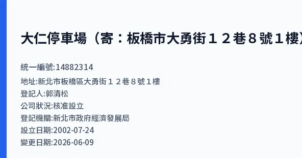 大仁停車場(寄:板橋市大勇街12巷8號1樓)的照片-統編 14882314(新北市) 公司登記資料與營業項目詳細圖表