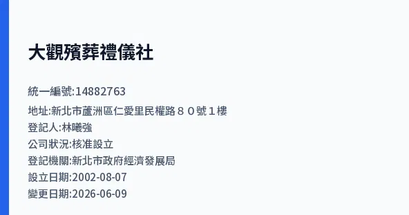 大觀殯葬禮儀社的照片-統編 14882763(新北市) 公司登記資料與營業項目詳細圖表