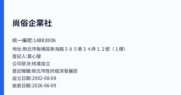 尚俗企業社的照片-統編 14883806(新北市) 公司登記資料與營業項目詳細圖表