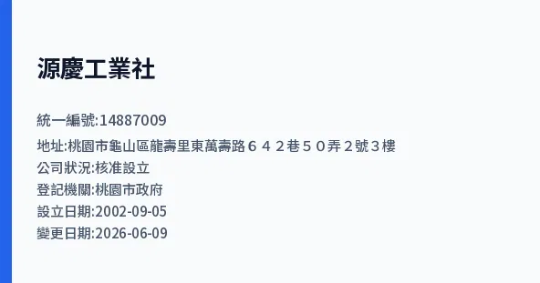 源慶工業社的照片-統編 14887009(桃園市) 公司登記資料與營業項目詳細圖表