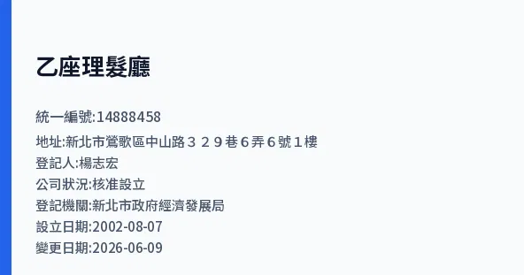 乙座理髮廳的照片-統編 14888458(新北市) 公司登記資料與營業項目詳細圖表