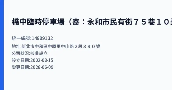 橋中臨時停車場(寄:永和市民有街75巷10弄5號3樓的照片-統編 14889132(新北市) 公司登記資料與營業項目詳細圖表